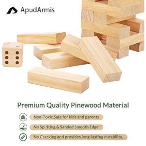 ApudArmis 60 PCS Giant Tumble Tower, (Stack up to 5Ft) Pine Wooden Stacking Timber Game with 1 Dice Set - Classic Block Giant Outdoor Game for Kids Adults Family