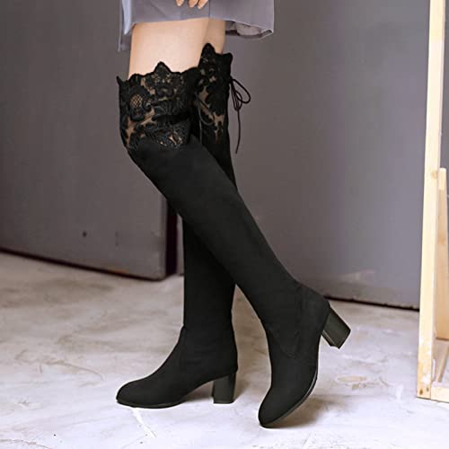 Apostrophe Boots New European and American Sexy Hollowed Out Lace High Heel Over Knee Boots Women High Knee Flat Boots (Black #5, 9)