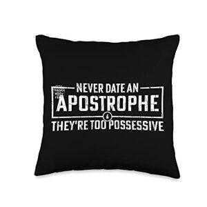 funny english apostrophe graphic & more english apostrophe funny language teacher teaching graphic throw pillow, 16×16, multicolor