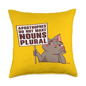 apostrophes do not make nouns plural grammar cat apostrophes don’t make nouns plural funny english teacher throw pillow, 18×18, multicolor