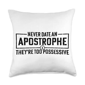 funny english apostrophe graphic & more english apostrophe funny language teacher teaching graphic throw pillow, 18×18, multicolor