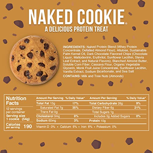 Naked Chocolate Chip Protein Cookies - Premium Gluten-Free High Protein Cookies, Only 1G Sugar, 6G Fiber, No Artificial Sweeteners, Soy Free, No GMOs - 12 Pack