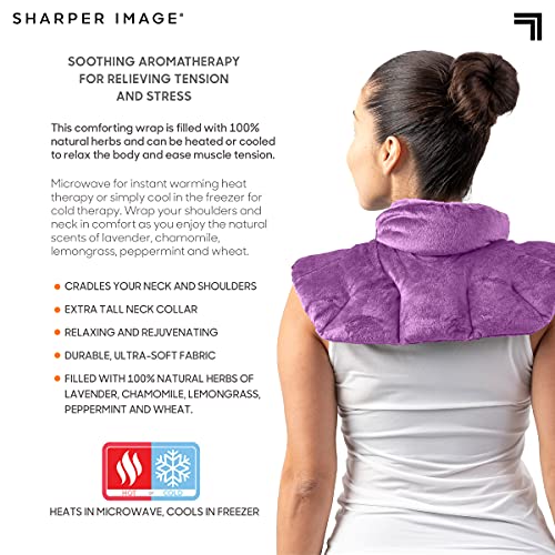 SHARPER IMAGE Warm & Cooling Herbal Aromatherapy Neck & Shoulder Plush Wrap Pad for Soothing Muscle Pain and Tension Relief Therapy, 100% Natural Lavender & Herb Spa Blend, Holiday Gift