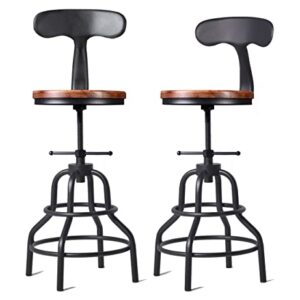 LOKKHAN Adjustable Swivel Kitchen Counter Stool with Backs-20.47"-25.59" Tall Rustic Farmhouse Industrial Bar Stools Set of 2 Breakfast Dining Cafe Stool,Welded Legs Black Metal Wooden Seat