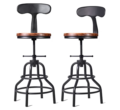 LOKKHAN Adjustable Swivel Kitchen Counter Stool with Backs-20.47"-25.59" Tall Rustic Farmhouse Industrial Bar Stools Set of 2 Breakfast Dining Cafe Stool,Welded Legs Black Metal Wooden Seat