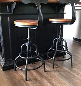 LOKKHAN Adjustable Swivel Kitchen Counter Stool with Backs-20.47"-25.59" Tall Rustic Farmhouse Industrial Bar Stools Set of 2 Breakfast Dining Cafe Stool,Welded Legs Black Metal Wooden Seat