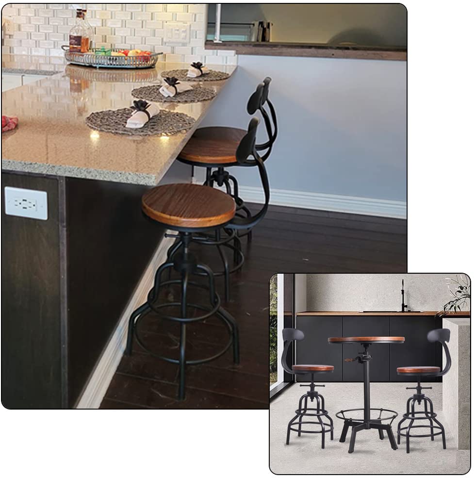 LOKKHAN Adjustable Swivel Kitchen Counter Stool with Backs-20.47"-25.59" Tall Rustic Farmhouse Industrial Bar Stools Set of 2 Breakfast Dining Cafe Stool,Welded Legs Black Metal Wooden Seat