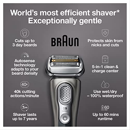 Braun Electric Razor for Men, Waterproof Foil Shaver, Series 9 9385cc, Wet & Dry Shave, With Pop-Up Beard Trimmer for Grooming, Clean & Charge SmartCare Center and Leather Travel Case, Black