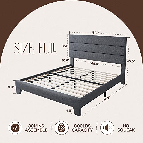 WEEWAY Full Size Bed Frame Platform Bed with Linen Fabric Upholstered Headboard and Wooden Slats Support, Heavy Duty Mattress Foundation, No Box Spring Needed, Easy Assembly, Dark Grey