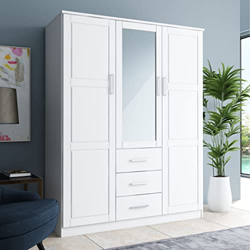 Palace Imports Cosmo Solid Wood 3-Door Wardrobe with Mirror and 3 Drawers, White. Additional Shelves Sold Separately.