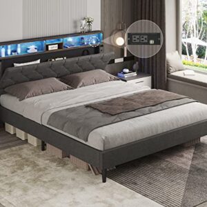 ADORNEVE Queen Bed Frame with LED Lights Headboard, Platform Bed Frame with Outlets and USB Ports, LED Bed Frame with Storage, Diamond Stitched Button Tufted Design, Easy Assembly, Dark Grey