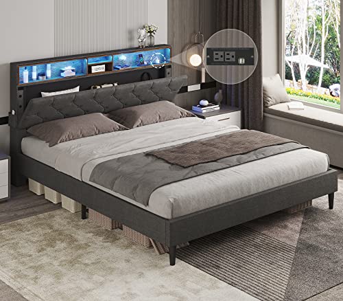 ADORNEVE Queen Bed Frame with LED Lights Headboard, Platform Bed Frame with Outlets and USB Ports, LED Bed Frame with Storage, Diamond Stitched Button Tufted Design, Easy Assembly, Dark Grey