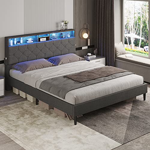 ADORNEVE Queen Bed Frame with LED Lights Headboard, Platform Bed Frame with Outlets and USB Ports, LED Bed Frame with Storage, Diamond Stitched Button Tufted Design, Easy Assembly, Dark Grey