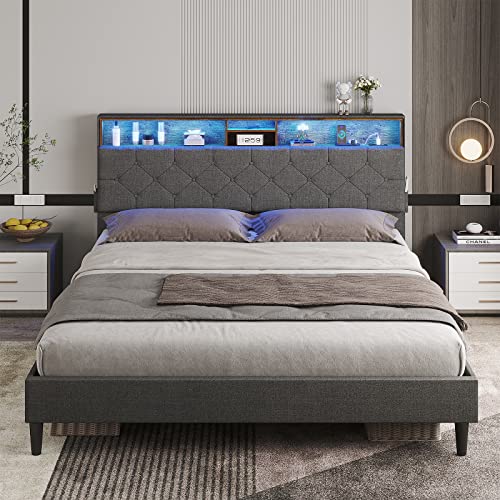 ADORNEVE Queen Bed Frame with LED Lights Headboard, Platform Bed Frame with Outlets and USB Ports, LED Bed Frame with Storage, Diamond Stitched Button Tufted Design, Easy Assembly, Dark Grey