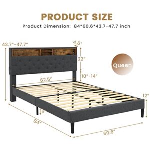 ADORNEVE Queen Bed Frame with LED Lights Headboard, Platform Bed Frame with Outlets and USB Ports, LED Bed Frame with Storage, Diamond Stitched Button Tufted Design, Easy Assembly, Dark Grey