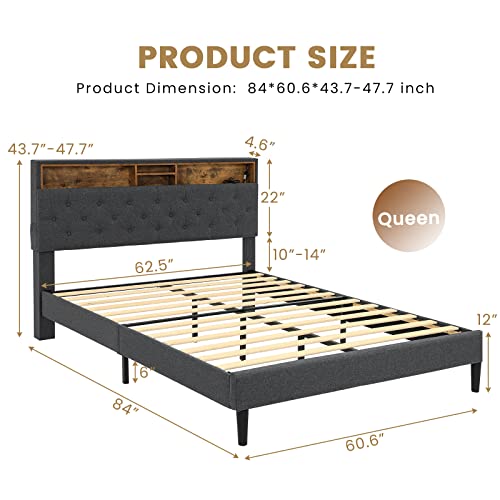 ADORNEVE Queen Bed Frame with LED Lights Headboard, Platform Bed Frame with Outlets and USB Ports, LED Bed Frame with Storage, Diamond Stitched Button Tufted Design, Easy Assembly, Dark Grey