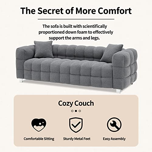 Dolonm Modern Sofa Couch with Metal Legs Upholstered Tufted 3 Seater Couch with 2 Pillows Decor Furniture for Living Room, Bedroom, Office, 80 Inch Wide (Grey-Teddy)