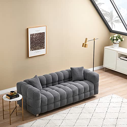 Dolonm Modern Sofa Couch with Metal Legs Upholstered Tufted 3 Seater Couch with 2 Pillows Decor Furniture for Living Room, Bedroom, Office, 80 Inch Wide (Grey-Teddy)