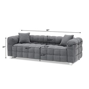 Dolonm Modern Sofa Couch with Metal Legs Upholstered Tufted 3 Seater Couch with 2 Pillows Decor Furniture for Living Room, Bedroom, Office, 80 Inch Wide (Grey-Teddy)