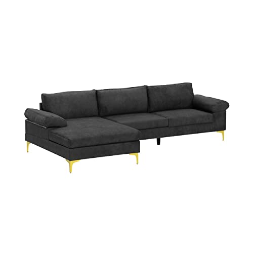 Casa Andrea Milano Modern Sectional Sofa L Shaped Velvet Couch, with Extra Wide Chaise Lounge and Gold Legs, Large, Dark Grey