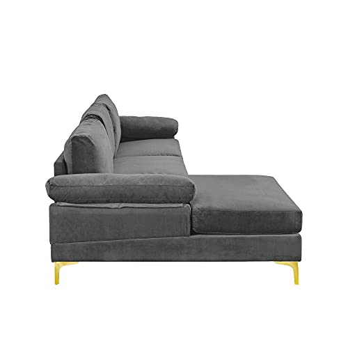 Casa Andrea Milano Modern Sectional Sofa L Shaped Velvet Couch, with Extra Wide Chaise Lounge and Gold Legs, Large, Dark Grey