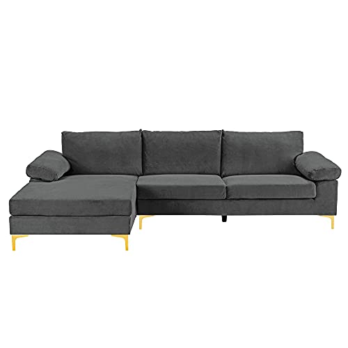 Casa Andrea Milano Modern Sectional Sofa L Shaped Velvet Couch, with Extra Wide Chaise Lounge and Gold Legs, Large, Dark Grey