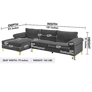 Casa Andrea Milano Modern Sectional Sofa L Shaped Velvet Couch, with Extra Wide Chaise Lounge and Gold Legs, Large, Dark Grey