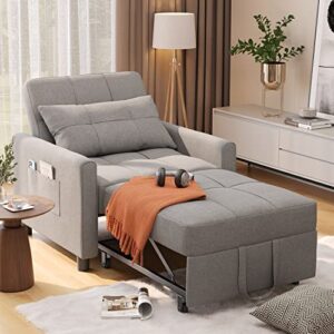 convertible sleeper sofa chair bed, 3-in-1 single convertible chair bed, adjustable chair with pillow and pocket, multi-functional sleeper chair with modern linen fabric for apartment, light gray