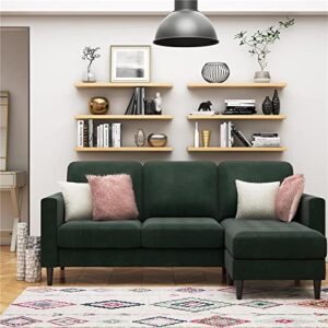 CosmoLiving Strummer Modern Reversible Sectional Couch Upholstered in Green Velvet Fabric with Floating Ottoman