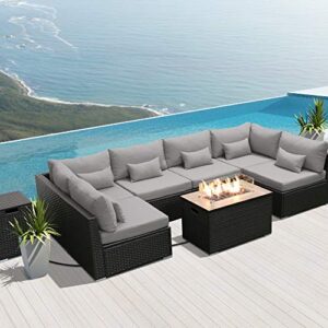 Dineli Patio Furniture Sectional Sofa with Gas Fire Pit Table Outdoor Patio Furniture Sets Propane Fire Pit (Light Gray-Rectangular Table)