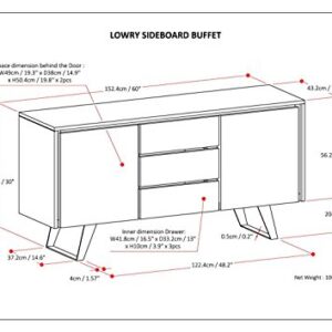 SIMPLIHOME Lowry SOLID ACACIA WOOD 60 inch Modern Industrial Sideboard Buffet and Wine Rack in Distressed Charcoal Brown features 2 Doors, 3 Drawers and 2 Cabinets with Large storage spaces