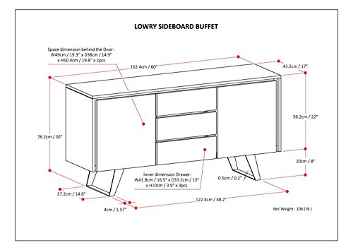 SIMPLIHOME Lowry SOLID ACACIA WOOD 60 inch Modern Industrial Sideboard Buffet and Wine Rack in Distressed Charcoal Brown features 2 Doors, 3 Drawers and 2 Cabinets with Large storage spaces