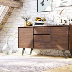 SIMPLIHOME Lowry SOLID ACACIA WOOD 60 inch Modern Industrial Sideboard Buffet and Wine Rack in Distressed Charcoal Brown features 2 Doors, 3 Drawers and 2 Cabinets with Large storage spaces