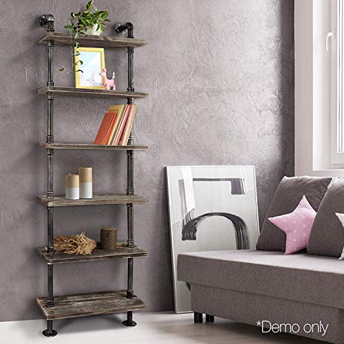 Diwhy 24”Width Industrial Pipe Shelves Rustic Modern Wood Ladder Bookcase with Metal Frame,Pipe Wall Shelf,Wood Storage,Home Decor,Display Shelving,Retro Floating Wood Shelving,6 Layer Bookshelf