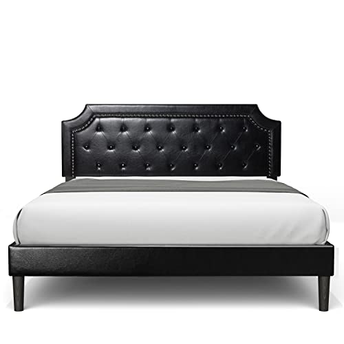 BONSOIR Bed Frame Upholstered Low Profile Platform Bed with Tufted Faux Leather Headboard/No Box Spring Needed/No Bed Skirt Needed (Black, Queen Size)