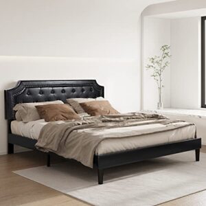 BONSOIR Bed Frame Upholstered Low Profile Platform Bed with Tufted Faux Leather Headboard/No Box Spring Needed/No Bed Skirt Needed (Black, Queen Size)