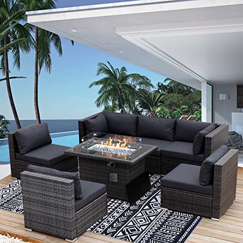 NICESOUL® 118.7''L- High Back Large Size PE Rattan Patio Furniture Sectional Sofa Sets with Cushions Outdoor Wicker Conversation Sets with Fire Pit Table CSA Approved