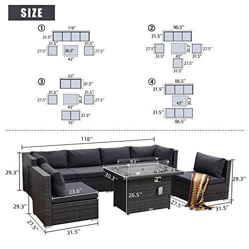 NICESOUL® 118.7''L- High Back Large Size PE Rattan Patio Furniture Sectional Sofa Sets with Cushions Outdoor Wicker Conversation Sets with Fire Pit Table CSA Approved