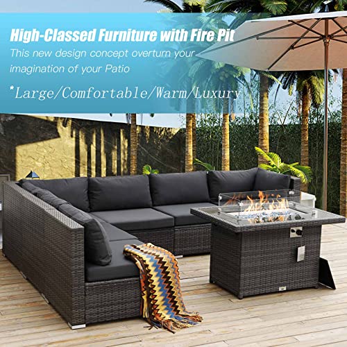 NICESOUL® 118.7''L- High Back Large Size PE Rattan Patio Furniture Sectional Sofa Sets with Cushions Outdoor Wicker Conversation Sets with Fire Pit Table CSA Approved