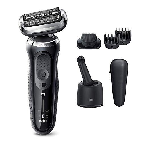 Braun Electric Razor for Men, Waterproof Foil Shaver, Series 7 7075cc, Wet & Dry Shave, With Beard Trimmer, Rechargeable, Clean & Charge SmartCare Center and Leather Travel Case Included, Black