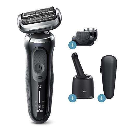 Braun Electric Razor for Men, Waterproof Foil Shaver, Series 7 7075cc, Wet & Dry Shave, With Beard Trimmer, Rechargeable, Clean & Charge SmartCare Center and Leather Travel Case Included, Black