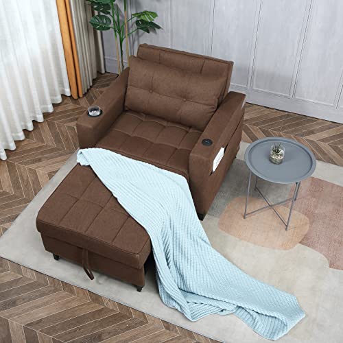 DURASPACE 39 Inch Sleeper Chair 3-in-1 Convertible Chair Bed Pull Out Sleeper Chair Beds Adjustable Single Armchair Sofa Bed with USB Ports, Side Pocket, Cup Holder for Small Space (Chestnut Brown)