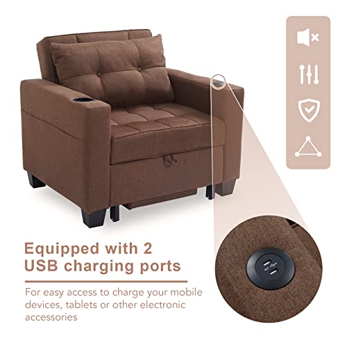 DURASPACE 39 Inch Sleeper Chair 3-in-1 Convertible Chair Bed Pull Out Sleeper Chair Beds Adjustable Single Armchair Sofa Bed with USB Ports, Side Pocket, Cup Holder for Small Space (Chestnut Brown)