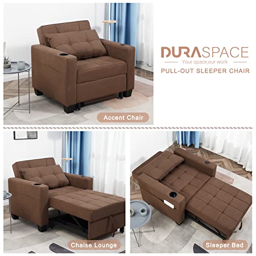 DURASPACE 39 Inch Sleeper Chair 3-in-1 Convertible Chair Bed Pull Out Sleeper Chair Beds Adjustable Single Armchair Sofa Bed with USB Ports, Side Pocket, Cup Holder for Small Space (Chestnut Brown)