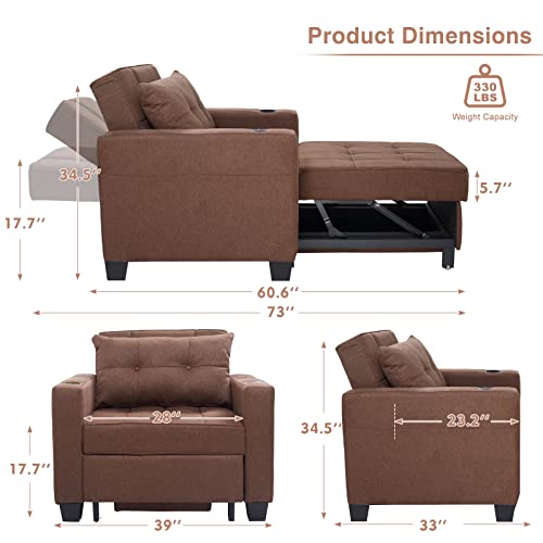 DURASPACE 39 Inch Sleeper Chair 3-in-1 Convertible Chair Bed Pull Out Sleeper Chair Beds Adjustable Single Armchair Sofa Bed with USB Ports, Side Pocket, Cup Holder for Small Space (Chestnut Brown)