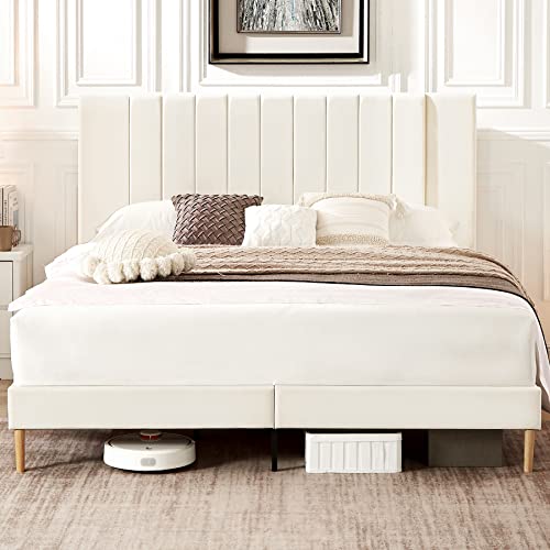 Flolinda King Size Platform Bed Frame with Velvet Upholstered Headboard and Wooden Slats Support, Fully Upholstered Mattress Foundation/No Box Spring Needed/Easy Assembly, Cream White