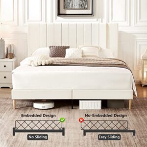 Flolinda King Size Platform Bed Frame with Velvet Upholstered Headboard and Wooden Slats Support, Fully Upholstered Mattress Foundation/No Box Spring Needed/Easy Assembly, Cream White