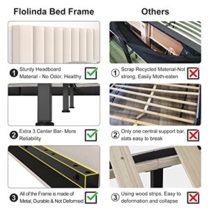 Flolinda King Size Platform Bed Frame with Velvet Upholstered Headboard and Wooden Slats Support, Fully Upholstered Mattress Foundation/No Box Spring Needed/Easy Assembly, Cream White