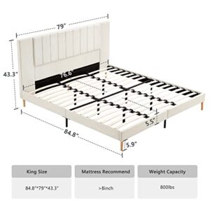 Flolinda King Size Platform Bed Frame with Velvet Upholstered Headboard and Wooden Slats Support, Fully Upholstered Mattress Foundation/No Box Spring Needed/Easy Assembly, Cream White