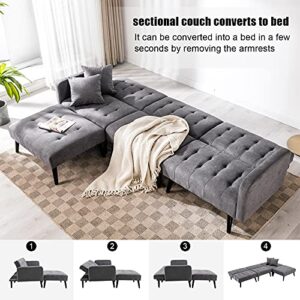 Oyerol Mid-Century Sectional Sofa Bed Convertible Sofa Bed Sleeper, L-Shaped Reversible Sectional Sofa Upholstered Comfy Couches for Living Room Lounge, Split-Back, Removable Armrests-Dark Grey